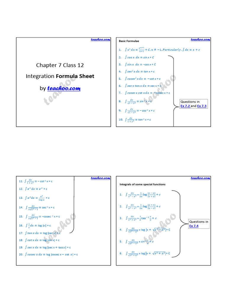Class 12 Integration Formula Sheet | PDF | Mathematical Relations ...