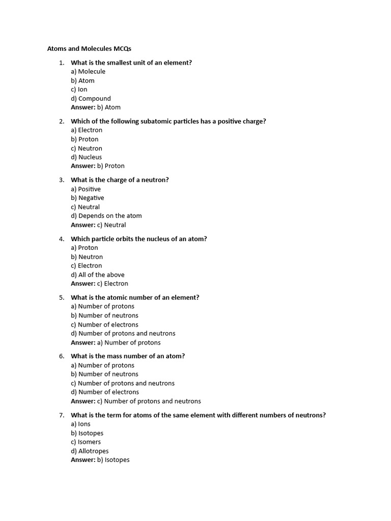 Atoms and Molecules MCQs Solved | PDF | Chemical Bond | Chemical Compounds