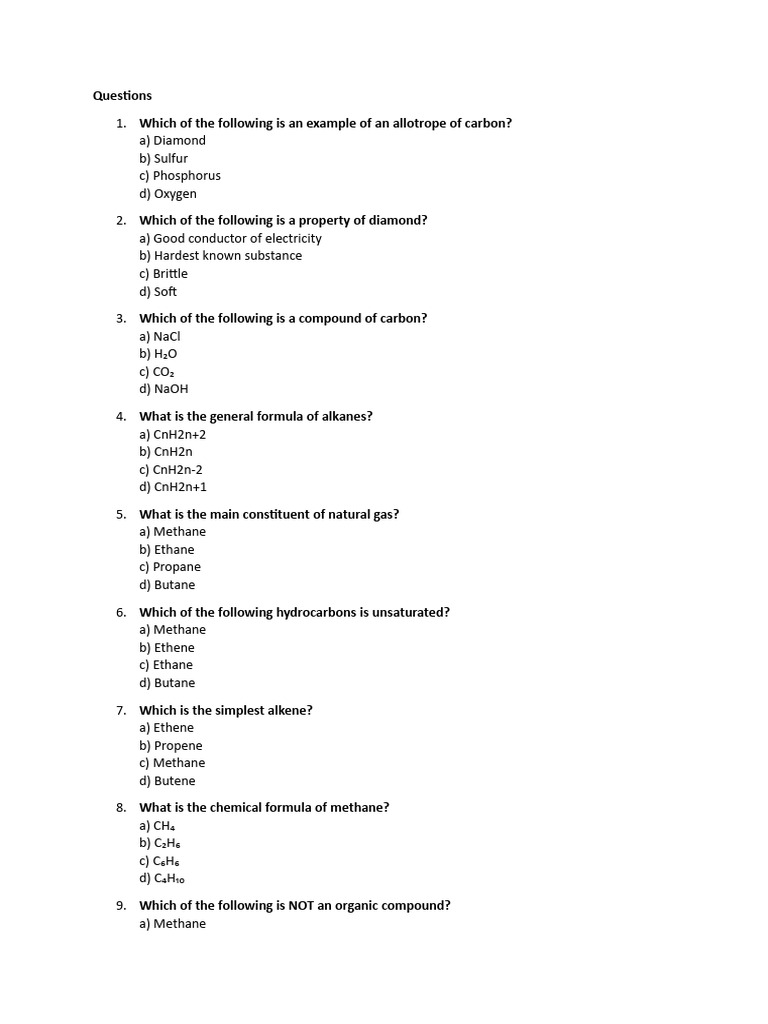 Carbon Compounds and Properties Quiz | PDF | Hydrocarbons | Carbon