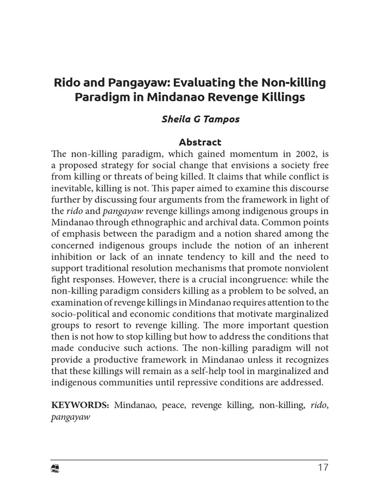 Kj36 Rido and Pangayaw Evaluating The Non-Killing Paradigm in | PDF