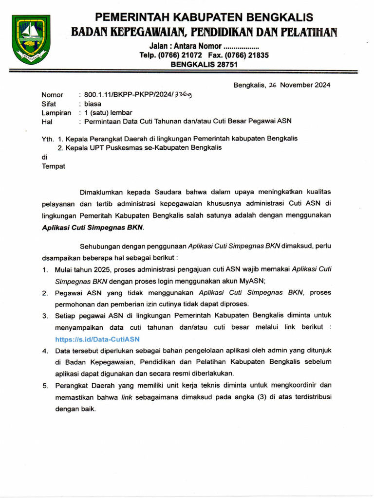 Surat Permintaan Data Cuti ASN | PDF