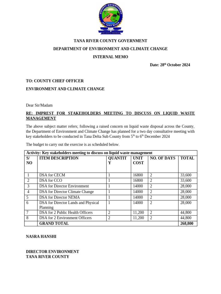 Imprest For Liquid Waste Management Stakeholders Meeting | PDF