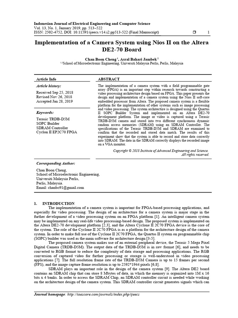 Implementation of A Camera System Using Nios II On The Altera DE2-70 Board | PDF | Field ...