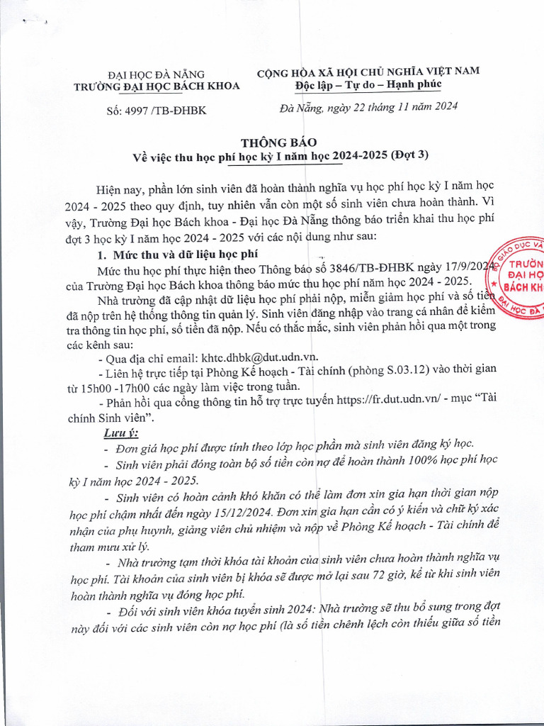 Thong Bao Thu HP HK 1 Nam 24-25 Lan 3.Pdf2 - 0001 | PDF