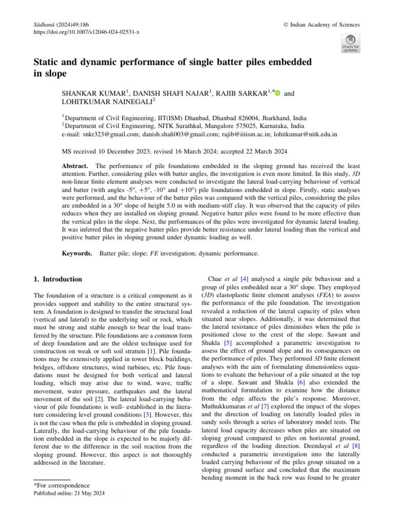 Static and Dynamic Performance of Single Batter Piles Embedded in Slope | PDF | Deep Foundation ...