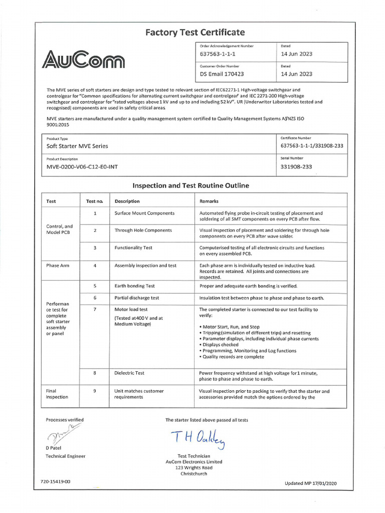 AuCom Factory Test Certificate | PDF