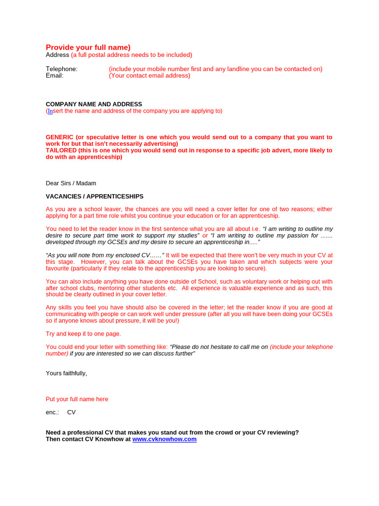 School Leaver Cover Letter Template | PDF