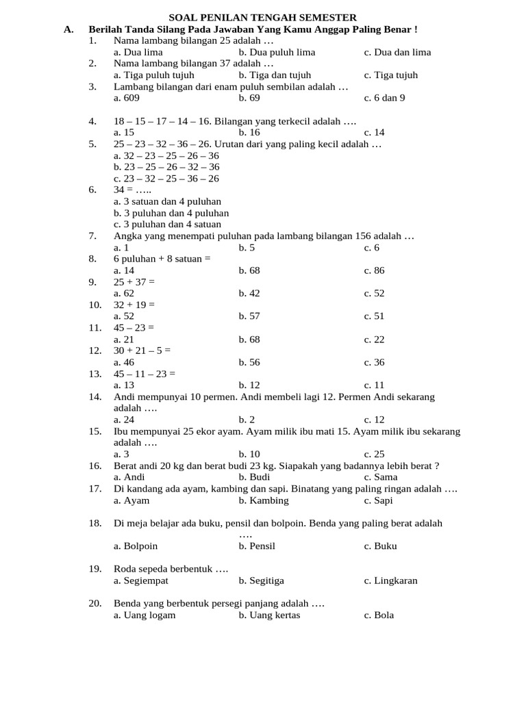 Soal PTS MTK Kelas I | PDF