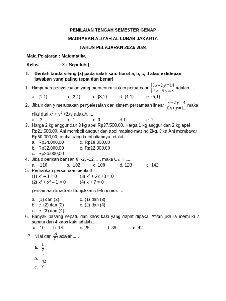 PTS MTK Kelas X Semester 2 2023-2024 | PDF