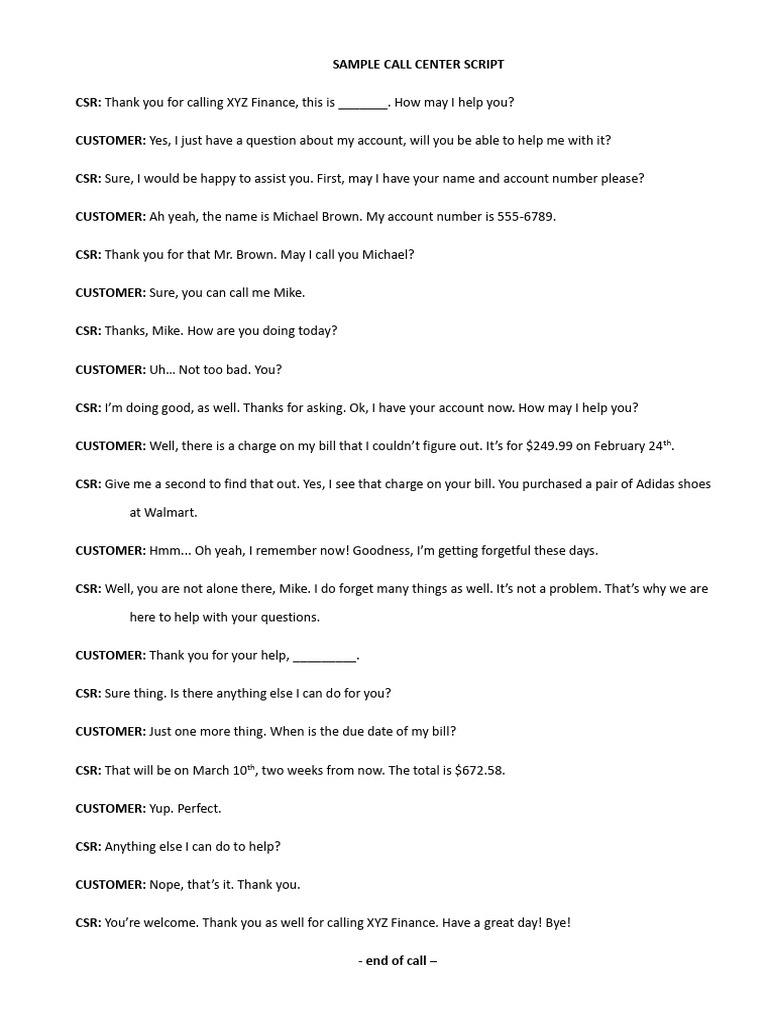 Call Center Script for CSRs | PDF