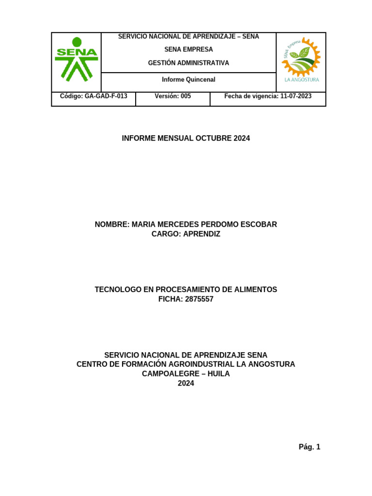 Informe SENA Empresa Mes de Octubre Maria | PDF
