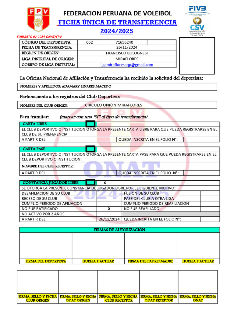 Onat 02 Ficha de Transferencia 2024 Linares | PDF