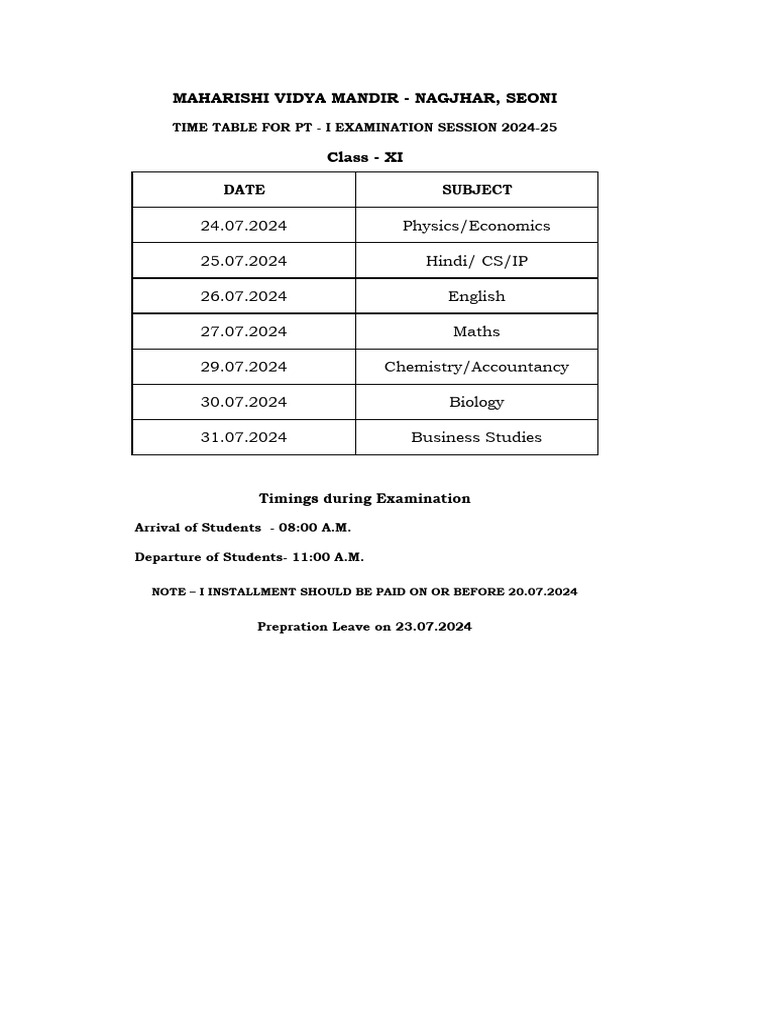 Class XI PT-I Time Table | PDF