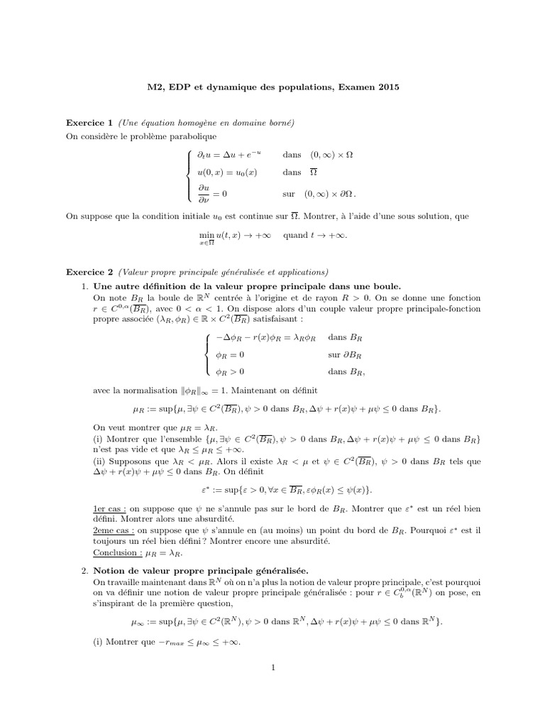 Examen M2 : Équations et Dynamiques Populationnelles | PDF ...