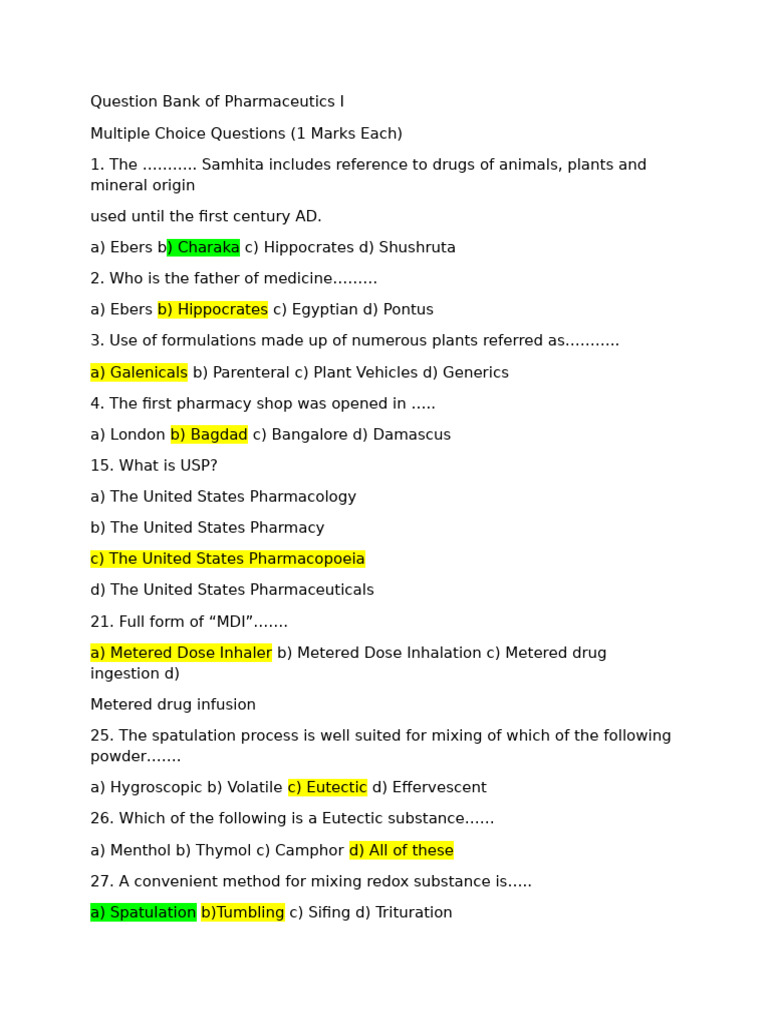 Question Bank of Pharmaceutics I | PDF | Sugar Substitute | Pharmacy
