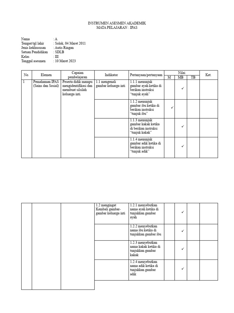 Asesmen IPAS untuk Anak Autis Ringan | PDF
