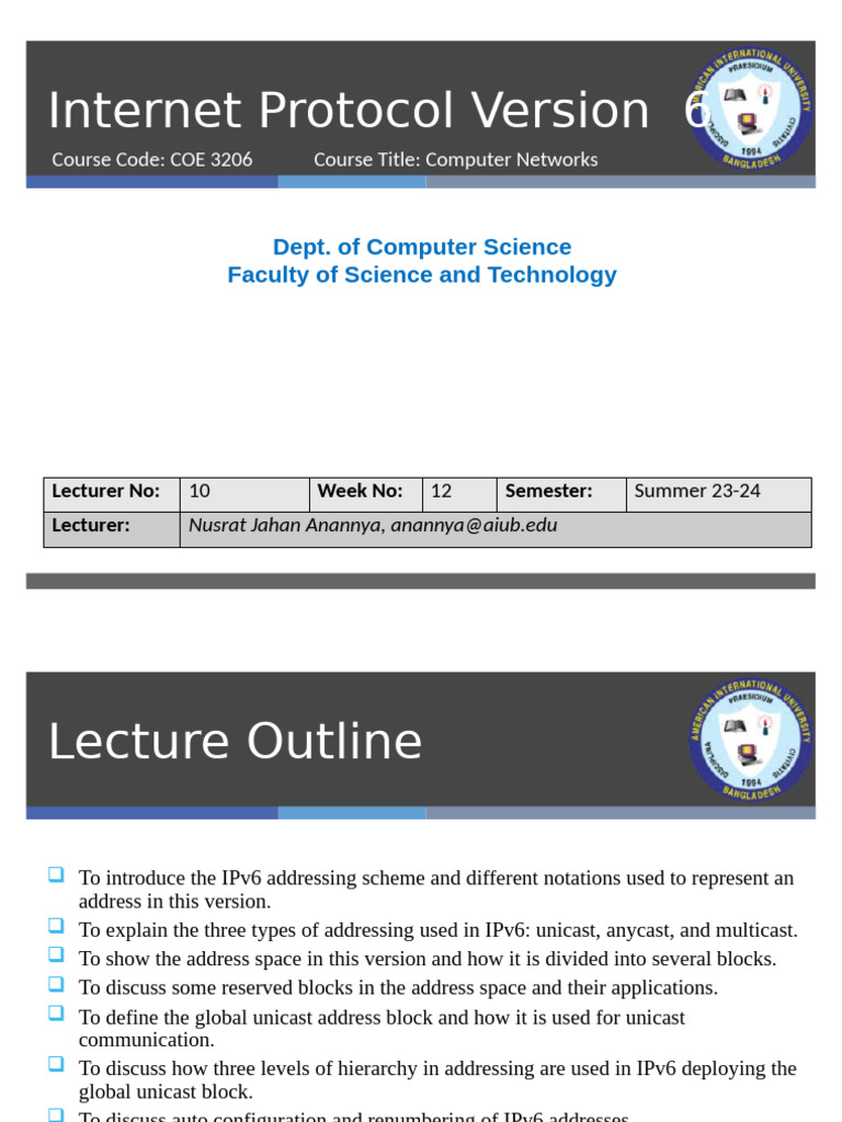 CN Lecture 11 IPV6 - Addressing | PDF | I Pv6 | Computer Architecture