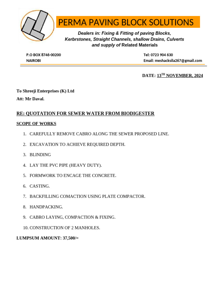 Perma Paving Block Solutions Quotation For Sewer Water | PDF