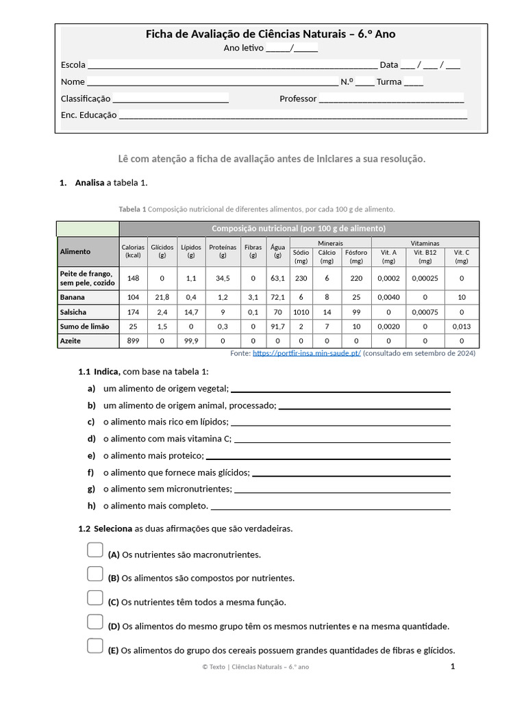 CN6 FichaAvaliacao 1 | PDF | Digestão | Nutrientes
