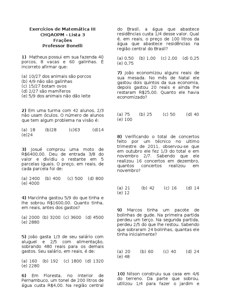 Lista de Exercícios de Frações | PDF