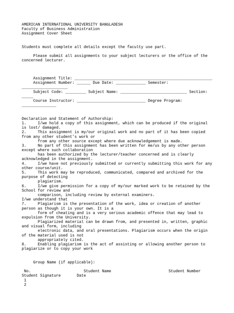 AIUB Assignment Cover Sheet | PDF | Plagiarism