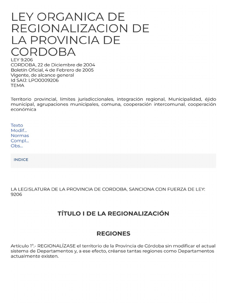 2005 Ley 9206 Organica de Regionalizacion de La Provincia de Cordoba | PDF