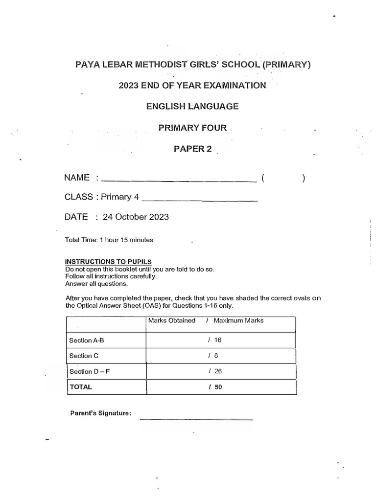 P4 English EOY 2023 PLMGS Exam Papers | PDF