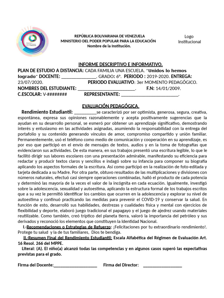 Modelo de Informe Descriptivo. | PDF | Evaluación | Autoestima