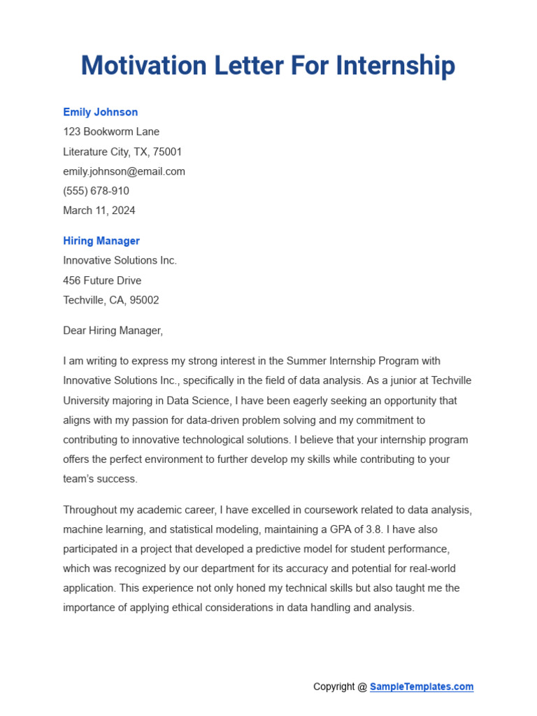 Motivation Letter For Internship | PDF | Data Science | Behavior ...