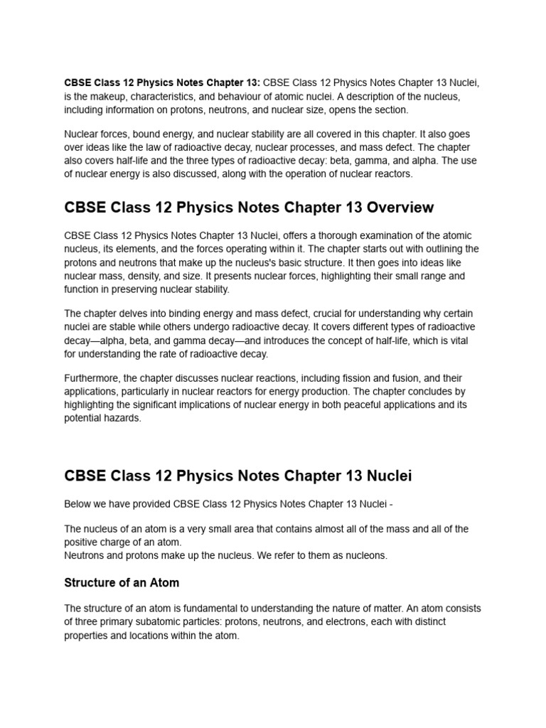CBSE Class 12 Physics Nuclei Notes | PDF | Atomic Nucleus | Nuclear Physics