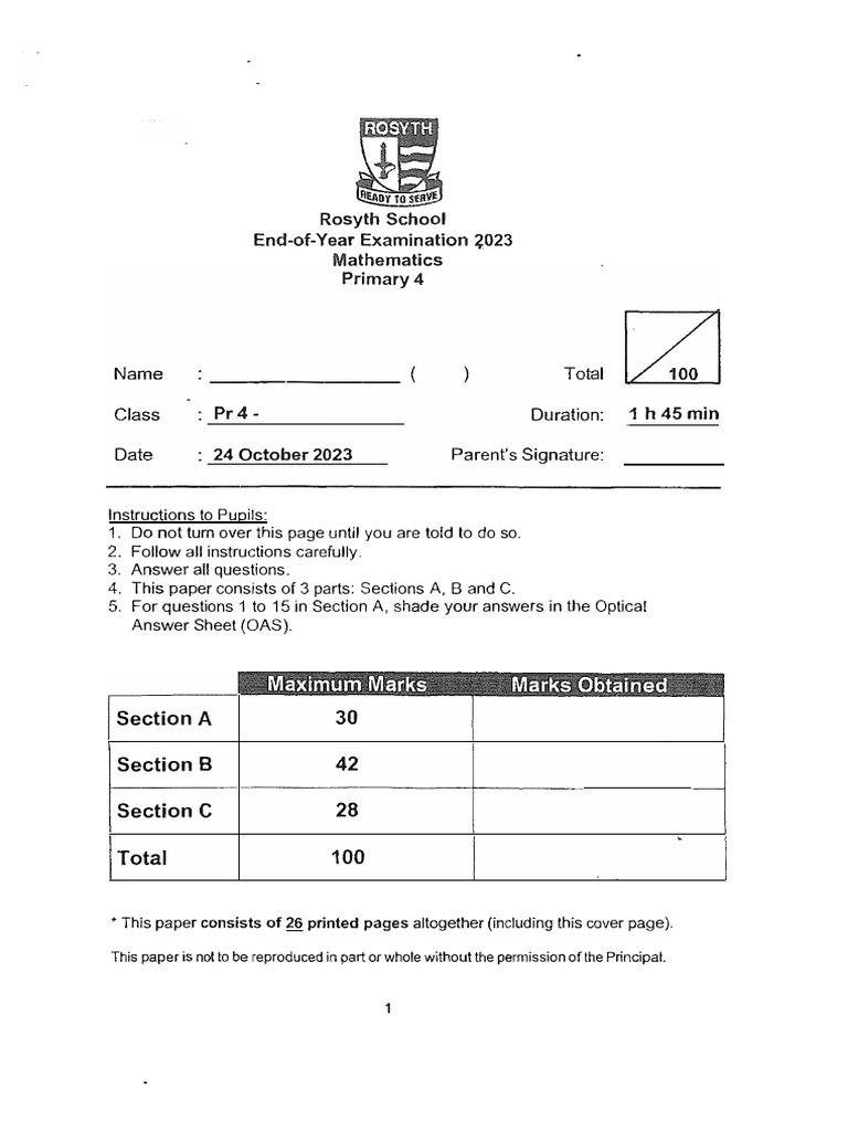 P4 Maths EOY 2023 Rosyth Exam Papers | PDF