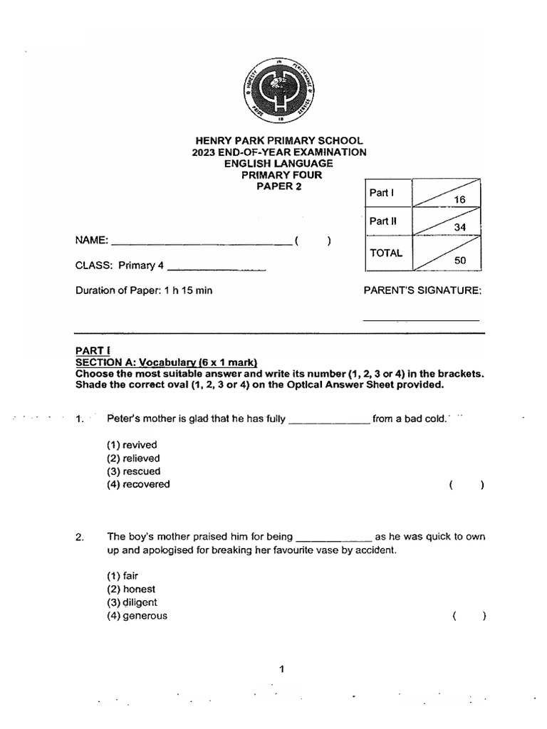 P4 English EOY 2023 HenryPark Exam Papers | PDF