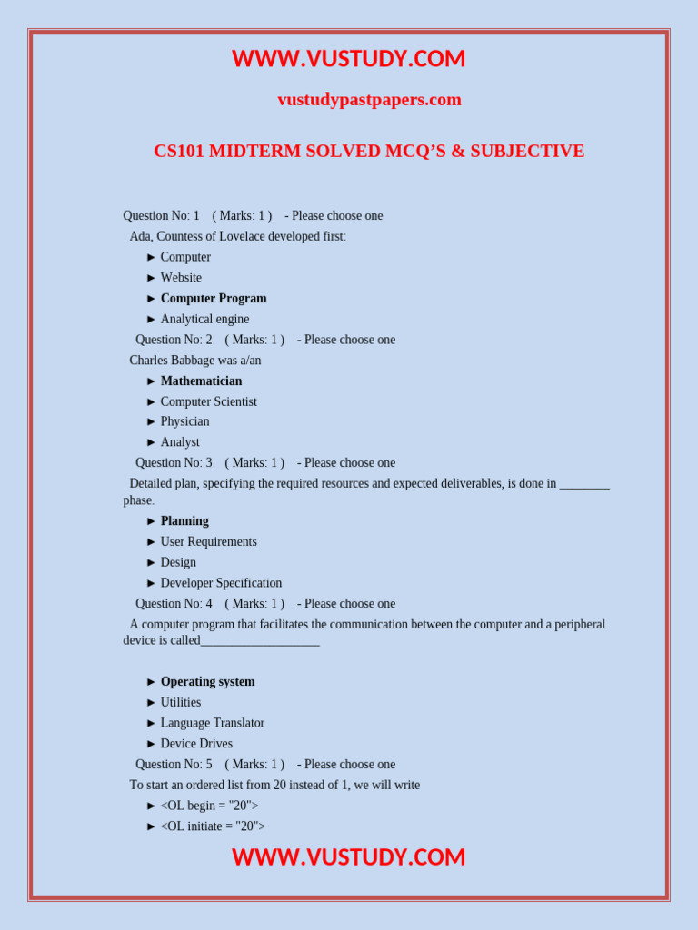CS101 Midterm Solved MCQS Subjective | PDF | World Wide Web | Internet & Web
