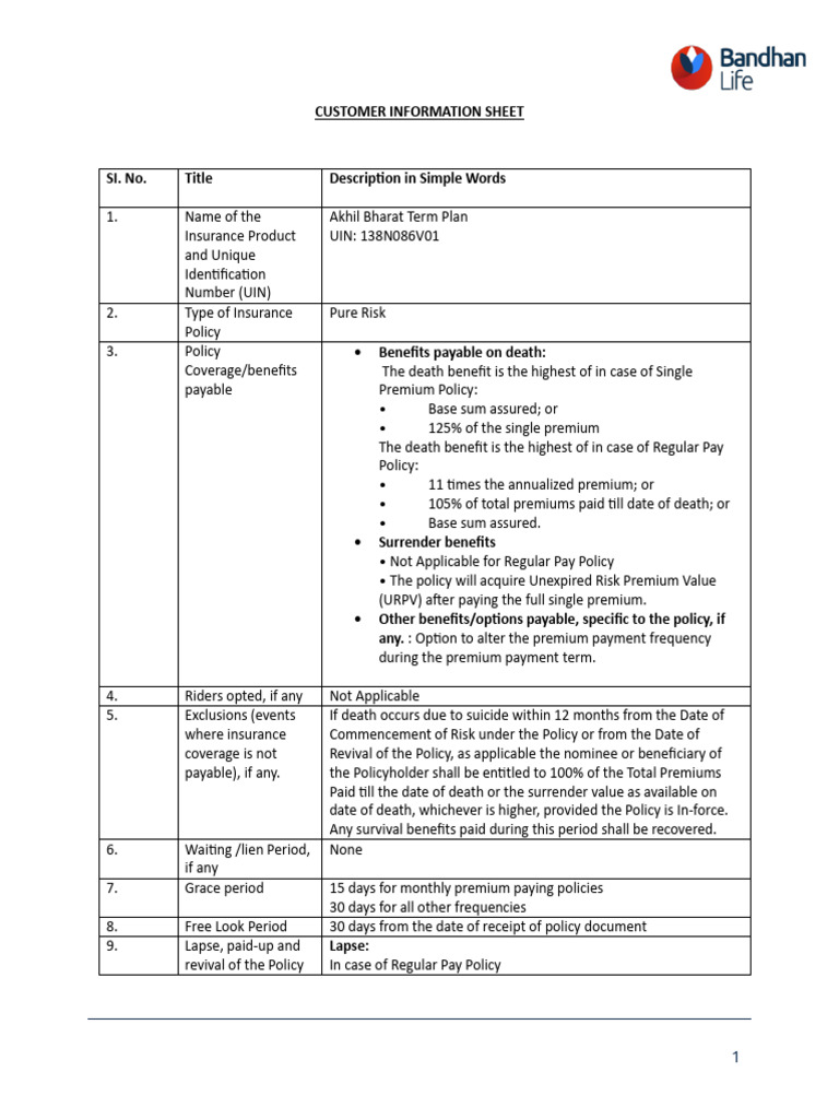 CIS Bandhan Life Bharat Term Insurance Plan | PDF | Insurance ...