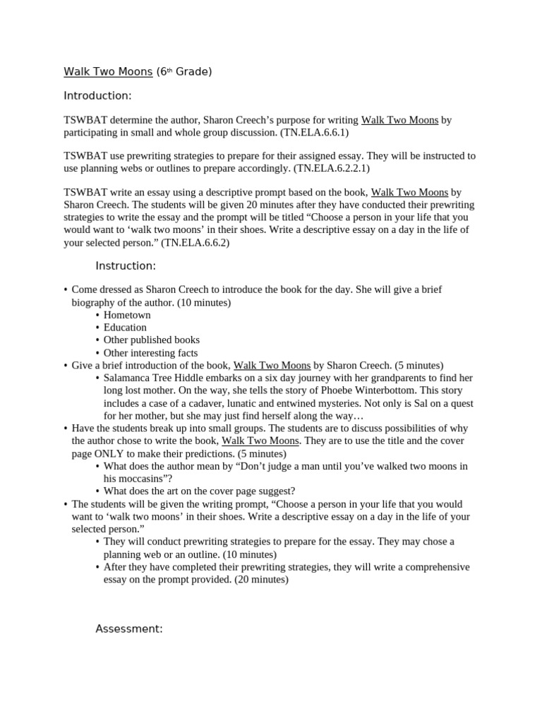 Walk Two Moons 6th Grade Lesson Plan | PDF | Reading Comprehension ...
