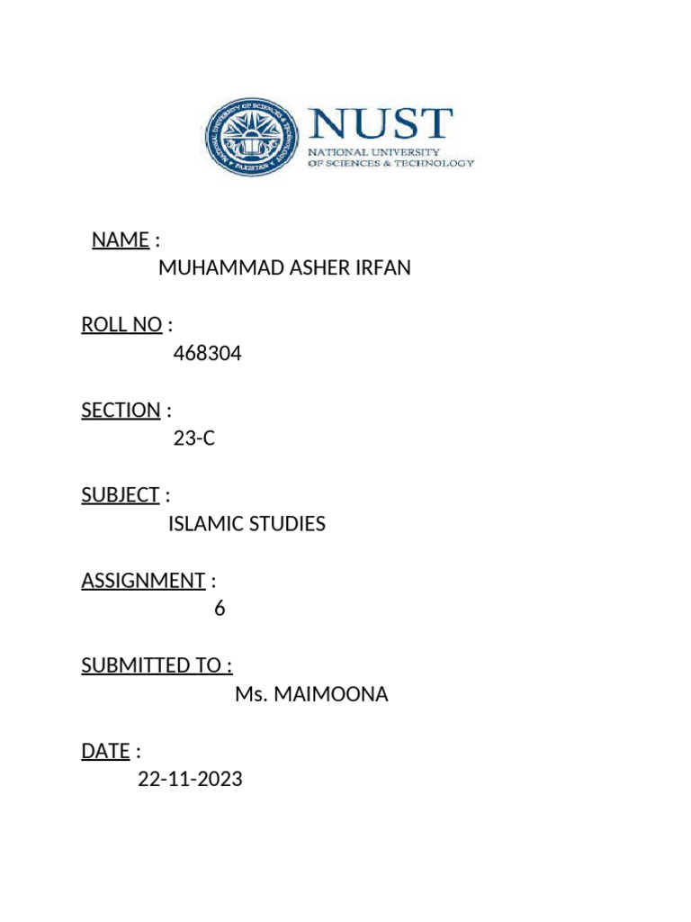 Assignment 6 Islamic Studies | PDF | God In Islam | Religious Belief And Doctrine