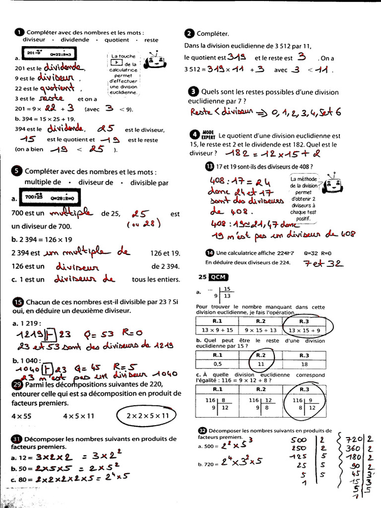 Correction Fiche Exercices Arithmétique 3e | PDF