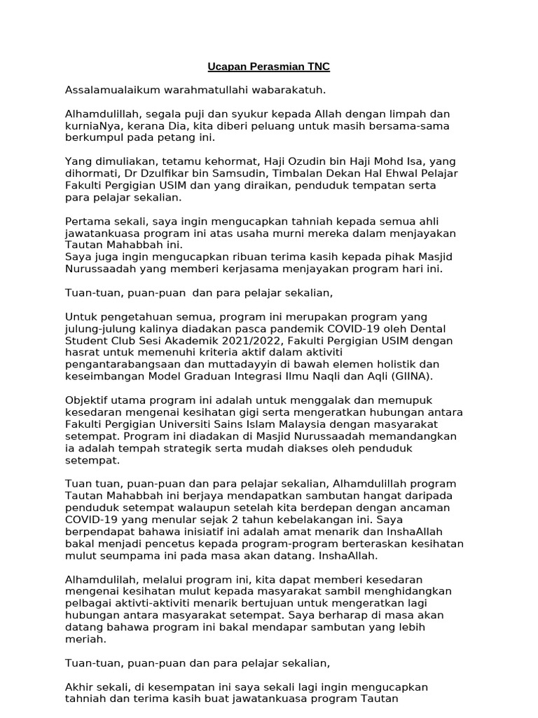 Ucapan Perasmian Penutup TNC | PDF