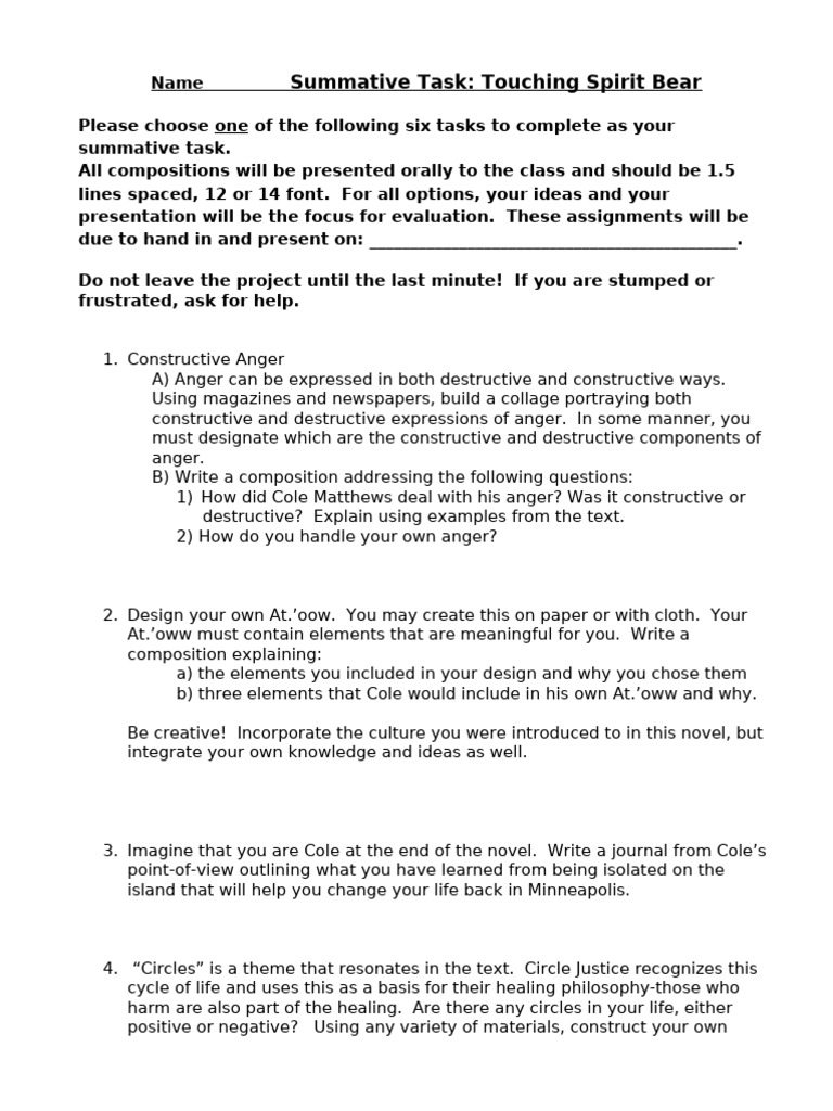 Touching Spirit Bear Summative - Task - Choices | PDF | Psychology ...