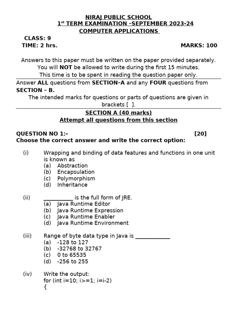 9th 1st Term Paper 2023-24 | PDF | Java (Programming Language ...