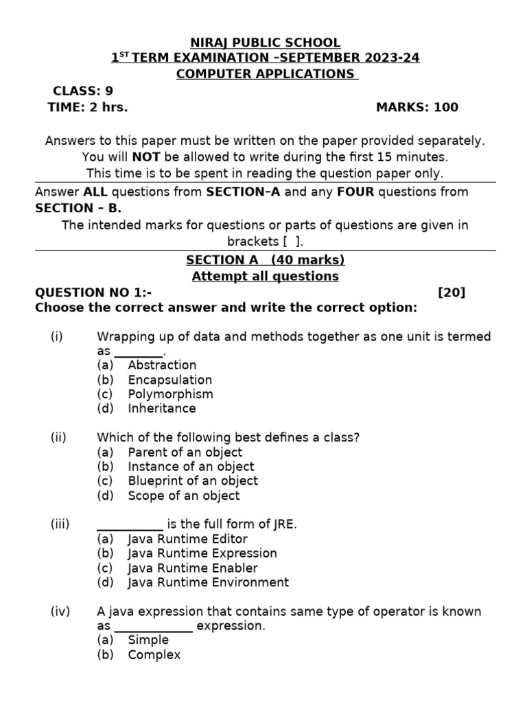 Class 9 Computer Applications Exam 2023 | PDF | Class (Computer ...