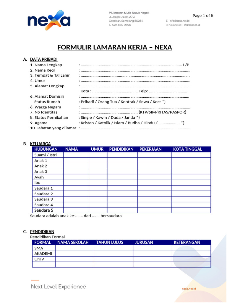 Formulir Lamaran Kerja NEXA | PDF