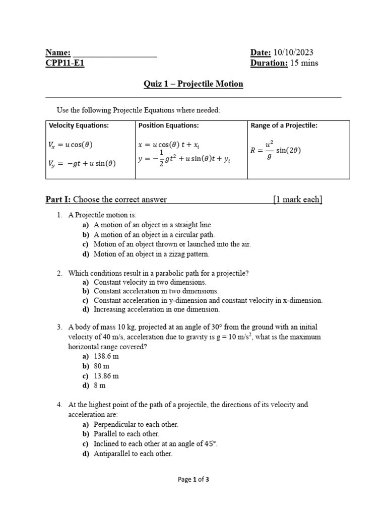 11CPP-E1-Quiz 1-Projectile Motion | PDF | Acceleration | Classical ...