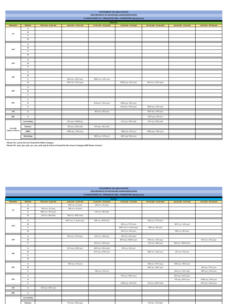 Class Schedule - Spring 2024 | PDF | Bangladesh