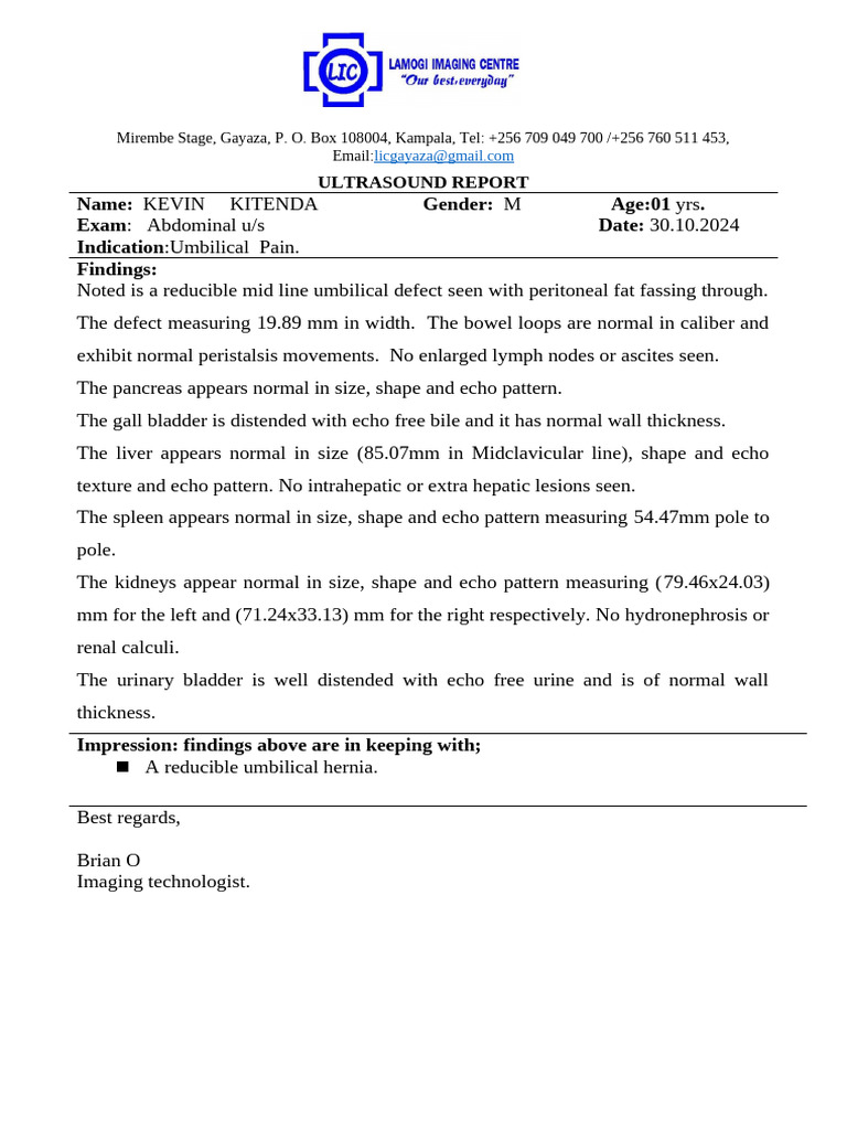Ultrasound Report: Reducible Umbilical Hernia | PDF