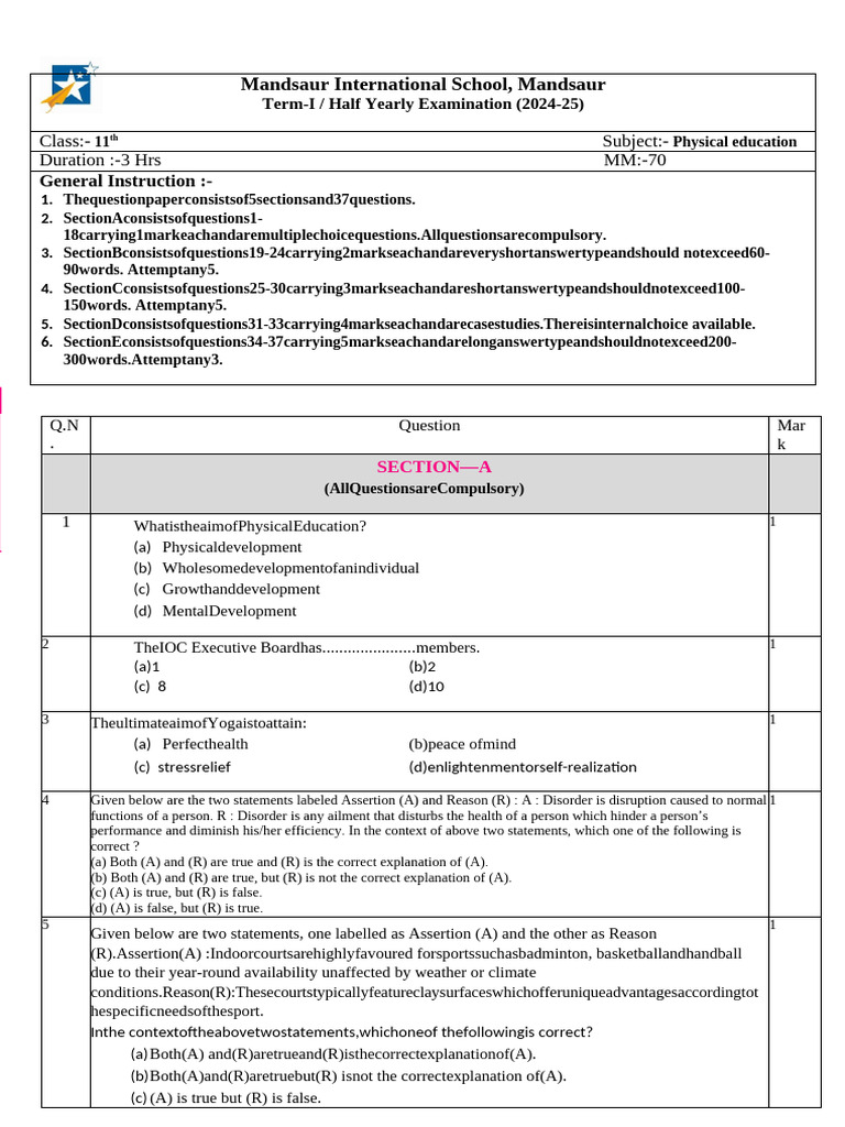 11th Phe Half Yearly Paper | PDF | Yoga