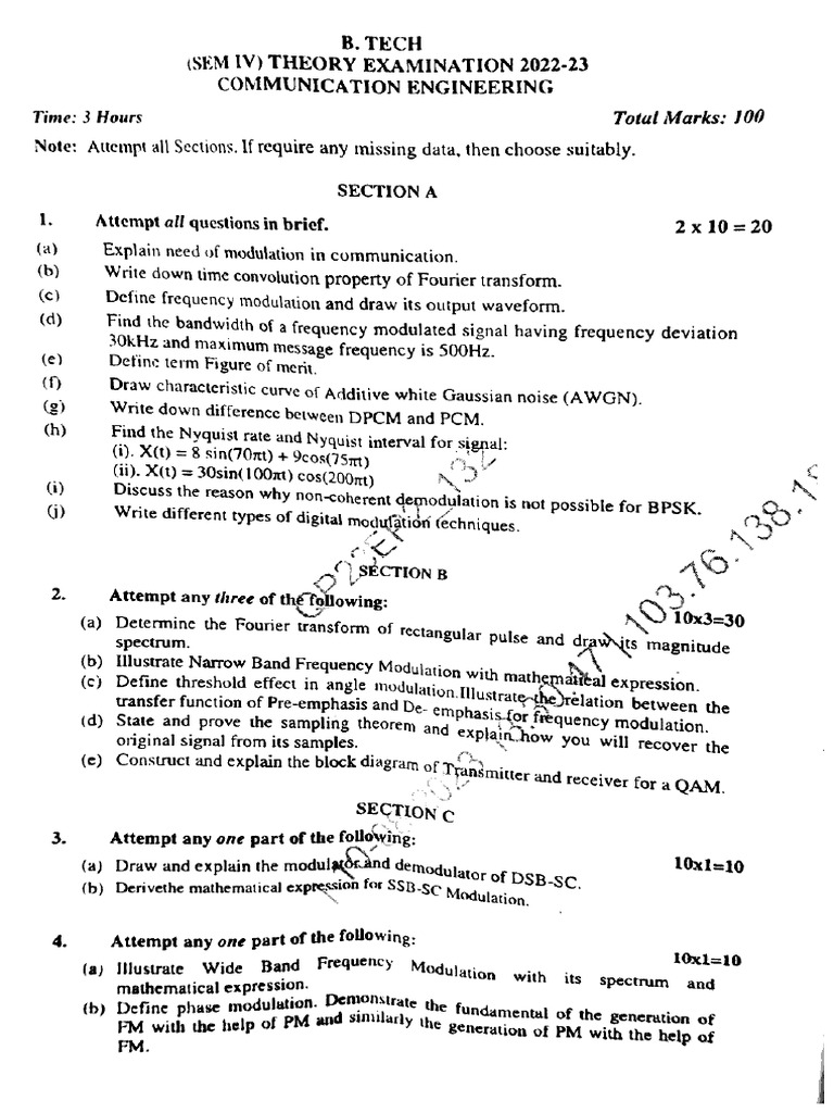Btech 4 Sem Communication Engineering Aug 2023 | PDF