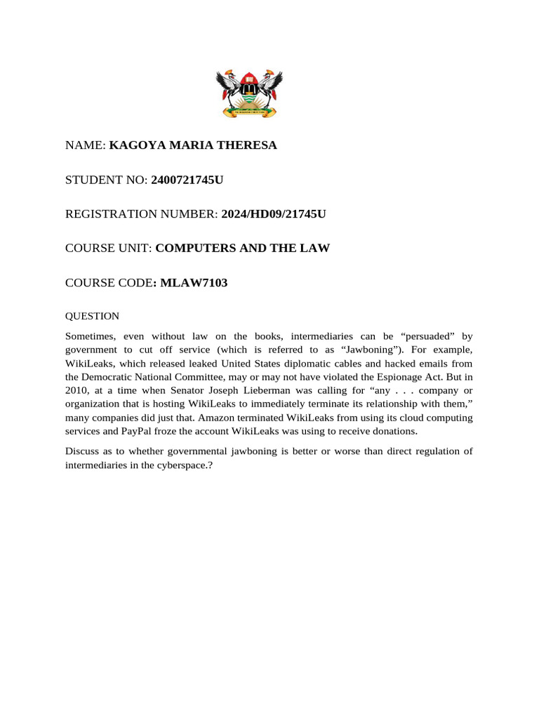 Kagoya Maria Theresa LLM Computers and The Law Coursework | PDF | Wiki Leaks | Internet