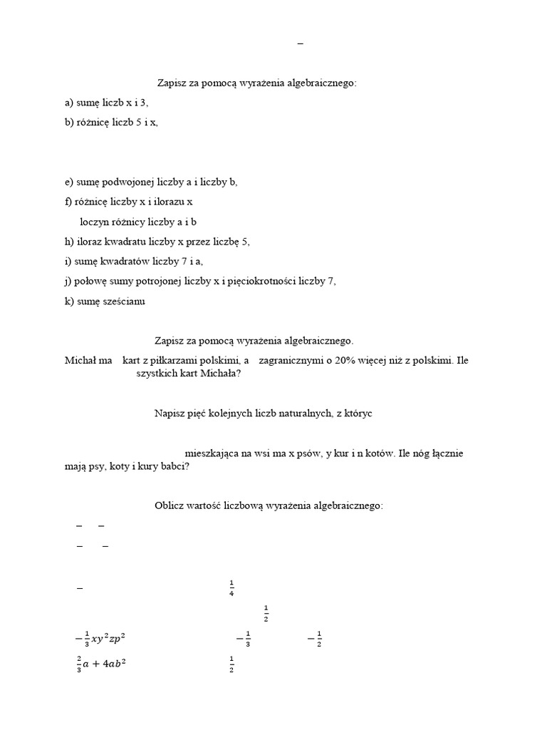 Karta Pracy 1 - Algebra | PDF