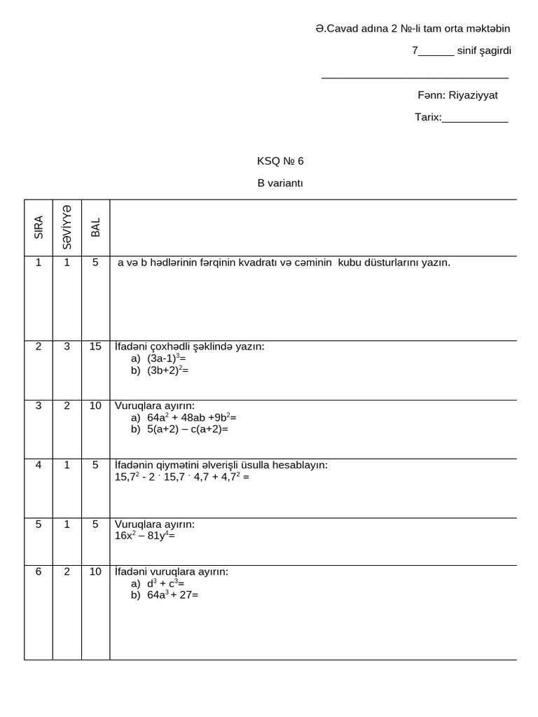 7 Sinif KSQ 6 Riyaz B Var 2024 | PDF